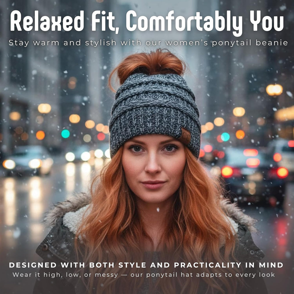 Ponytail Beanie for Women - Winter Ponyback Hat Soft Stretch Cable Kni ...