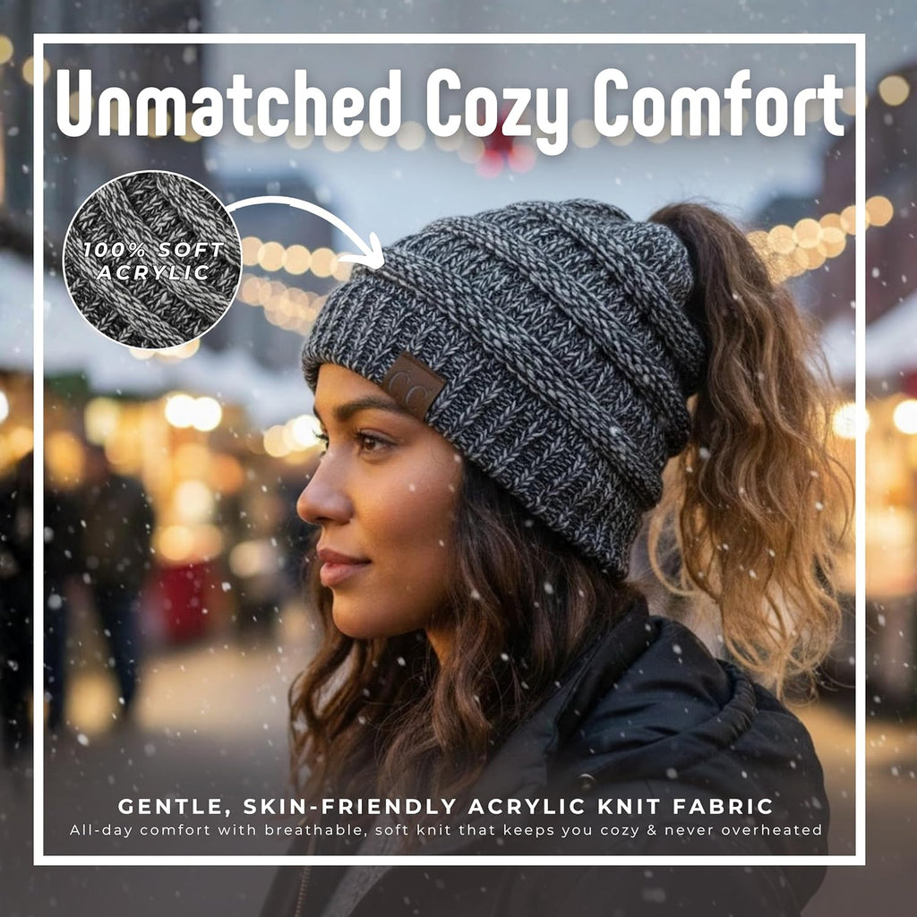 Ponytail Beanie for Women - Winter Ponyback Hat Soft Stretch Cable Kni ...