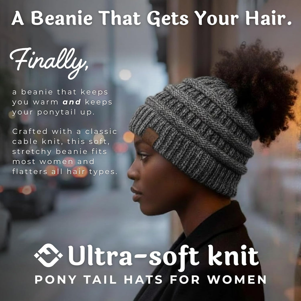Ponytail Beanie for Women - Winter Ponyback Hat Soft Stretch Cable Kni ...