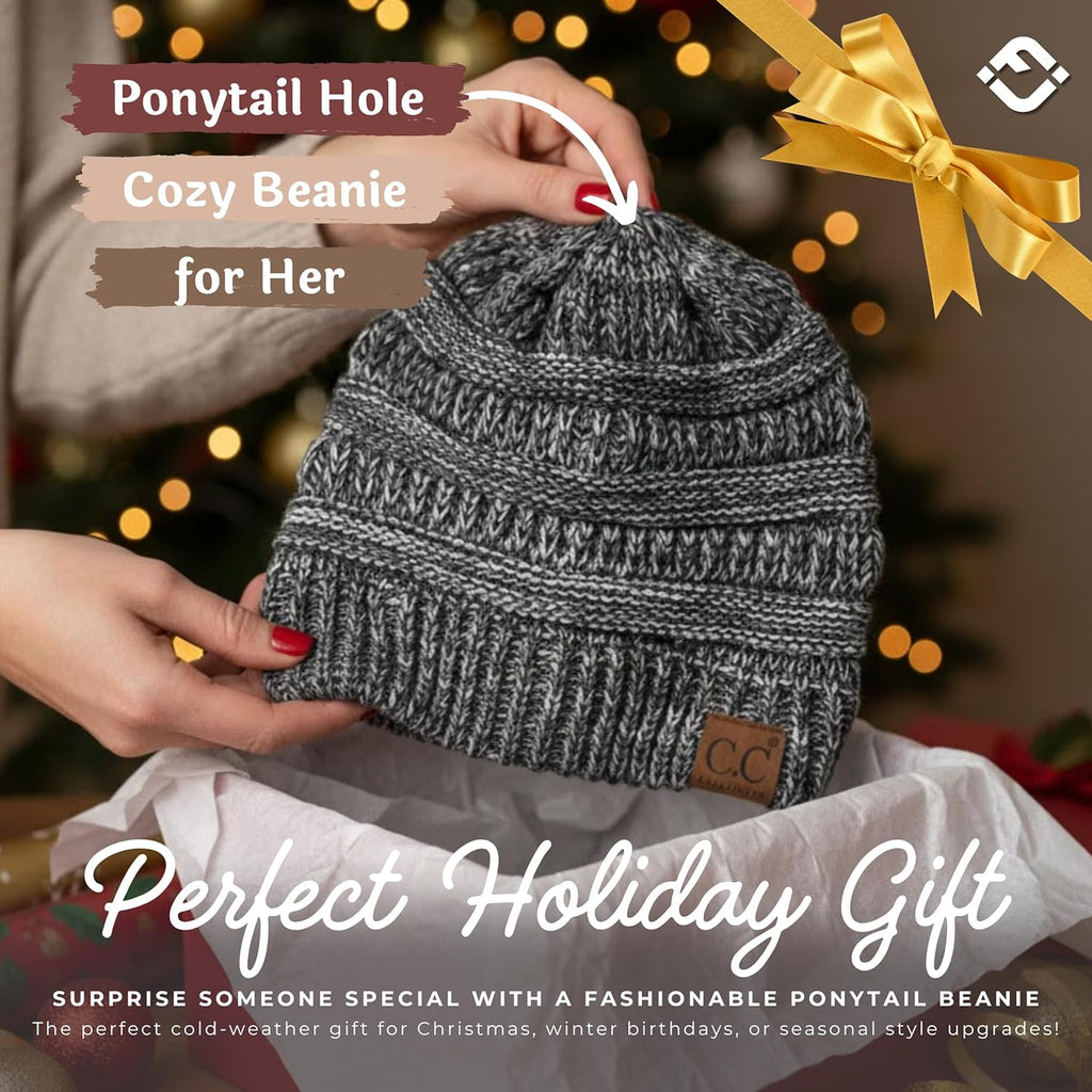 Ponytail Beanie for Women - Winter Ponyback Hat Soft Stretch Cable Kni ...